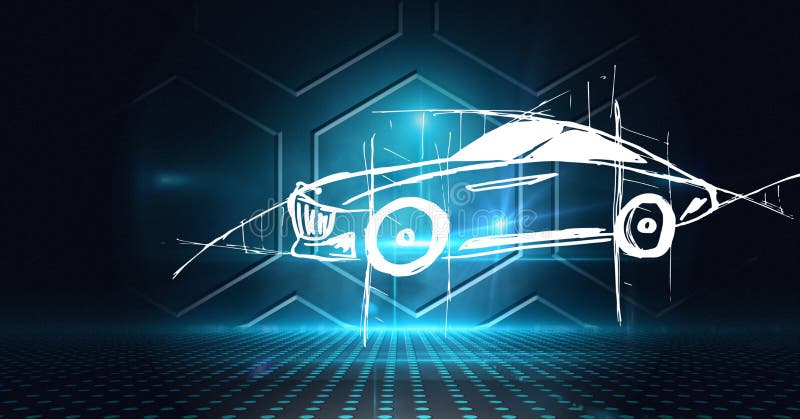 Composition of Digital Hexagons Over Car Drawing Stock Illustration ...