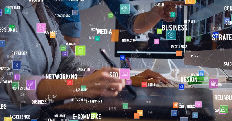 Composition of Digital Icons and Business Text Over Woman Using ...