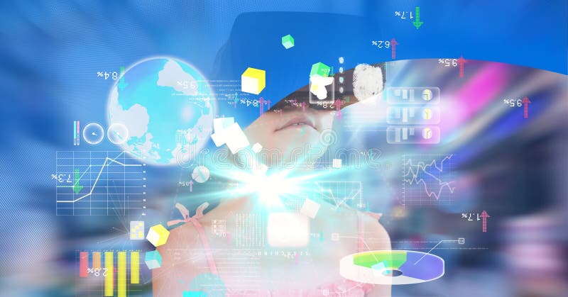 Composition of Digital Icons and Data Processing with Girl Wearing Vr ...