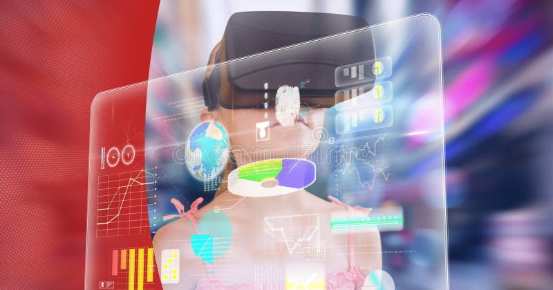 Composition of Digital Icons and Data Processing with Girl Wearing Vr ...