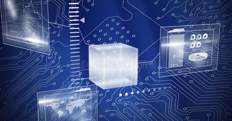 Composition of Digital Icons Over Computer Circuit Board on Blue ...