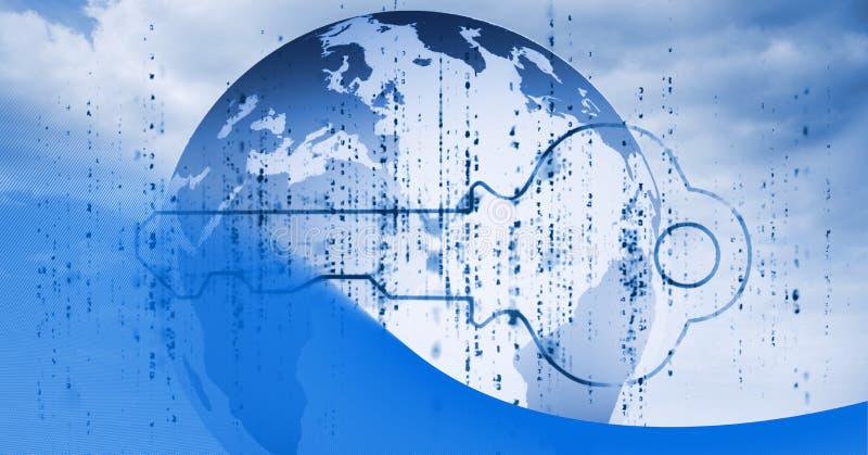 Composition of Digital Key Over Globe and Clouds Stock Illustration ...