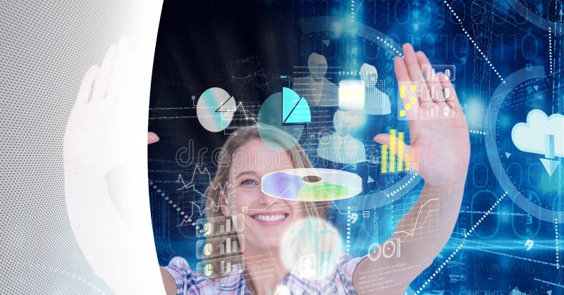 Composition of Digital Screen with Icons and Woman in Background Stock ...