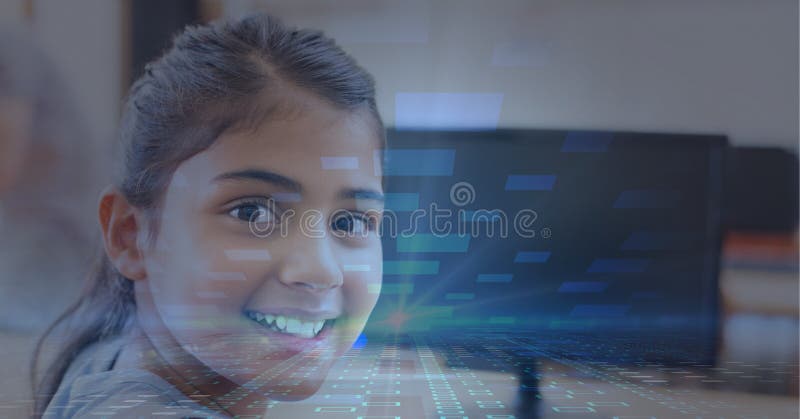 Composition of Digital Screens Over Happy School Girl Using Computer ...