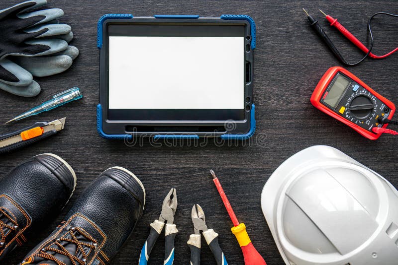Composition with Digital Tablet and Electrician Work Items. Stock Image ...