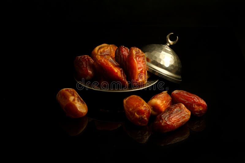 Composition of Dried Dates in Ramadan Dish on Wooden Table. Stock Image ...