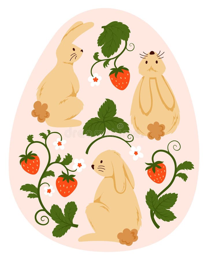 Composition of Easter Bunnies and Strawberry Branches with Berries and ...