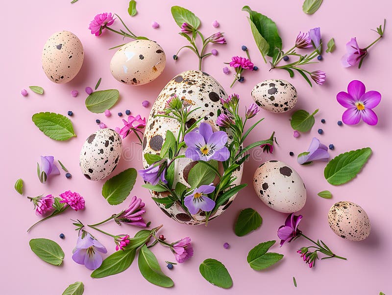 Composition for Easter Egg from Flowers and Leaves and Quail Eggs, Pink ...