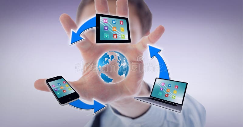 Composition of Electronic Devices with Arrows and Globe Over Man S Hand ...