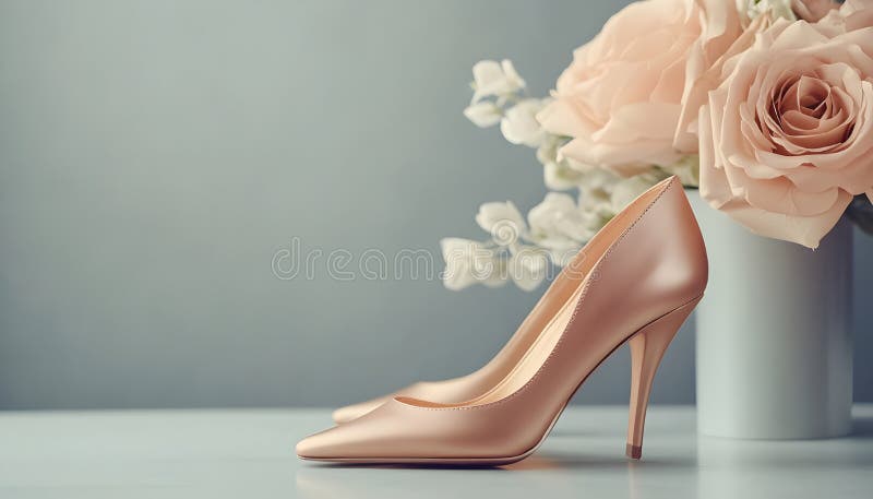 Composition with Elegant Female Shoes on Table Against Grey Background ...