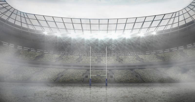 Composition of Empty Rugby Stadium with Lights and Clouds Stock Image ...