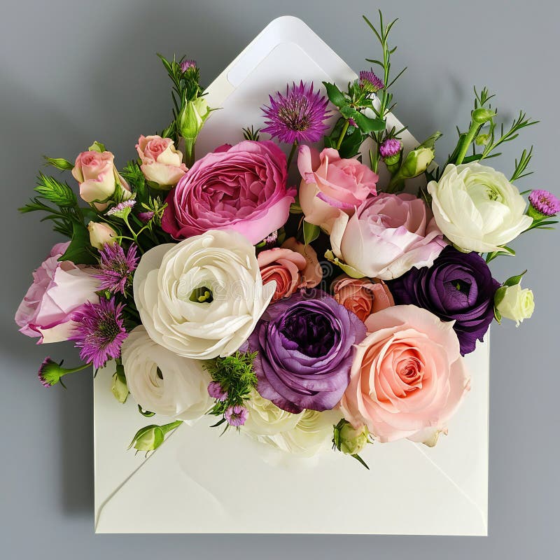 Composition with Envelope and Beautiful Spring Flowers Stock Photo ...