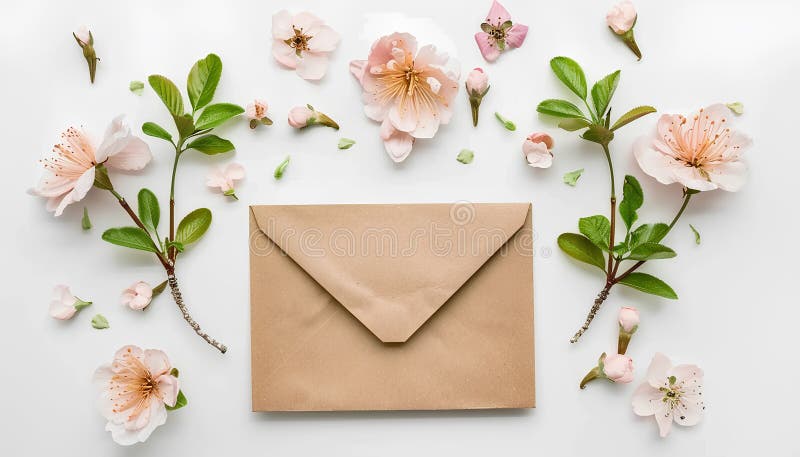 Composition with Envelope and Beautiful Spring Flowers on White Stock ...