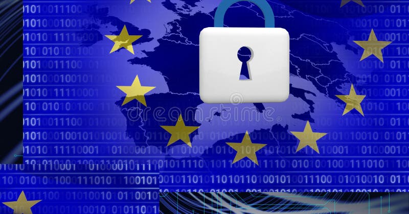 Composition of European Union Flag and Security Padlock Over Computer ...