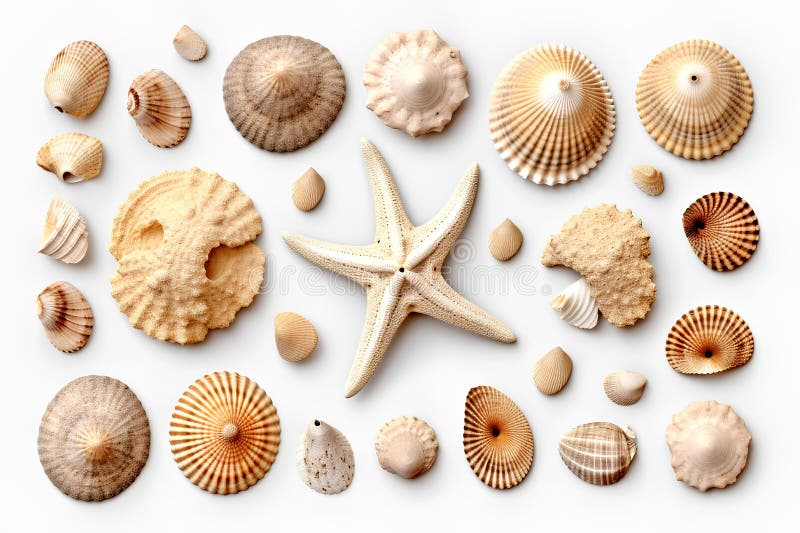 Composition of Exotic Sea Shells and Starfish on a White Background ...