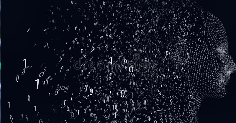 Composition of Exploding Human Bust Formed with Binary Coding on Black Background Stock ...