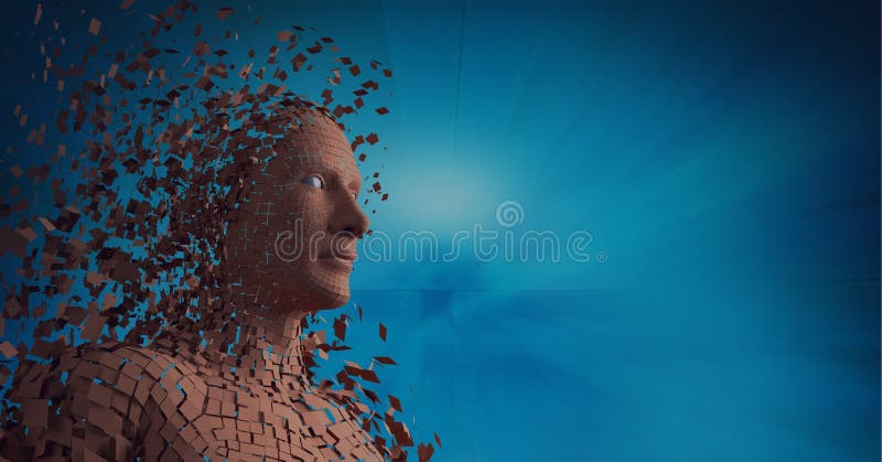 Composition of Exploding Human Bust Formed with Particles Over Glowing ...