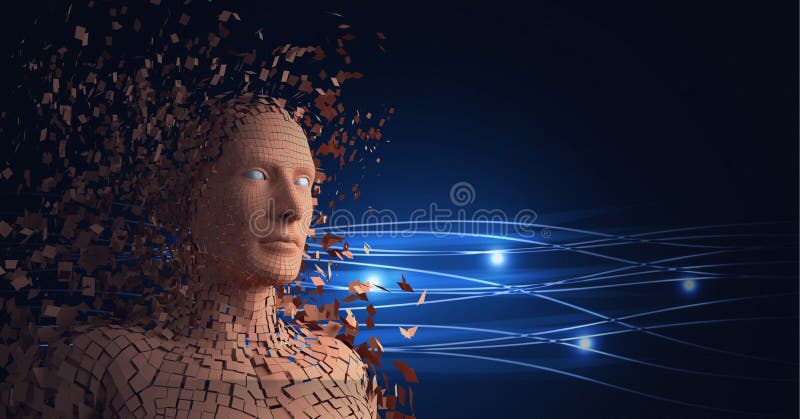 Composition of Exploding Human Bust Formed with Particles Over Glowing ...