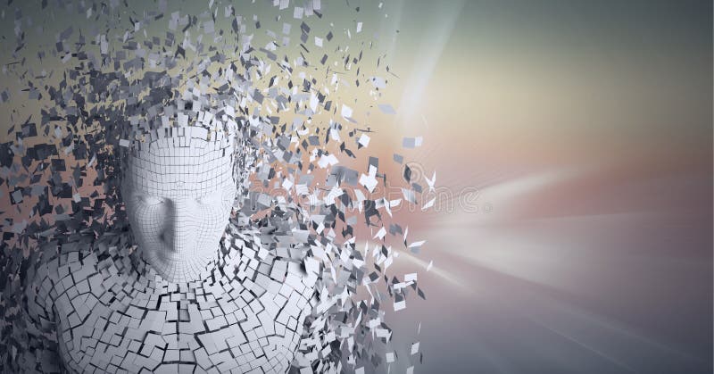 Composition of Exploding Human Bust Formed with Particles Over Glowing ...