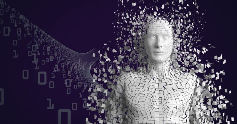 Composition Of Exploding Human Bust Formed With White Particles And Binary Coding Stock