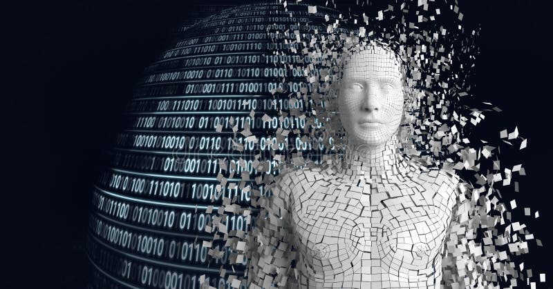 Composition Of Exploding Human Bust Formed With White Particles And Binary Coding Stock