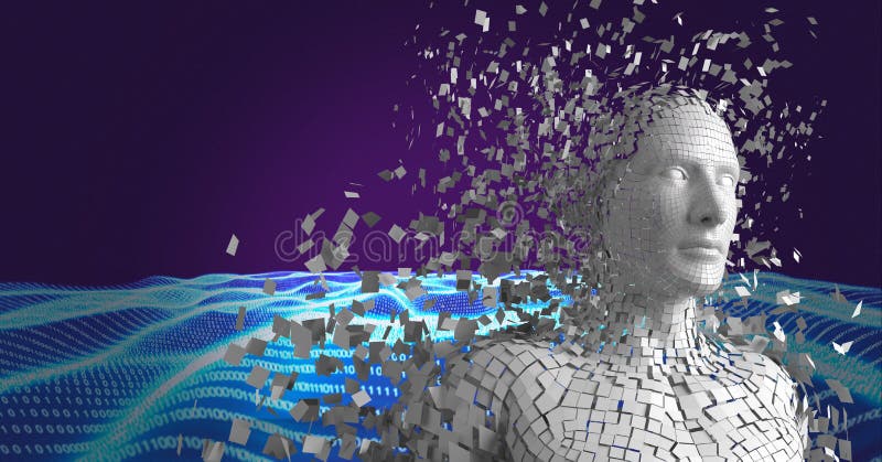 Composition Of Exploding Human Bust Formed With White Particles And Binary Coding Stock