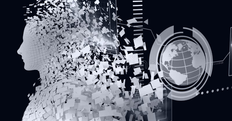 Composition of Exploding Human Bust with Over Globe and Data Processing ...