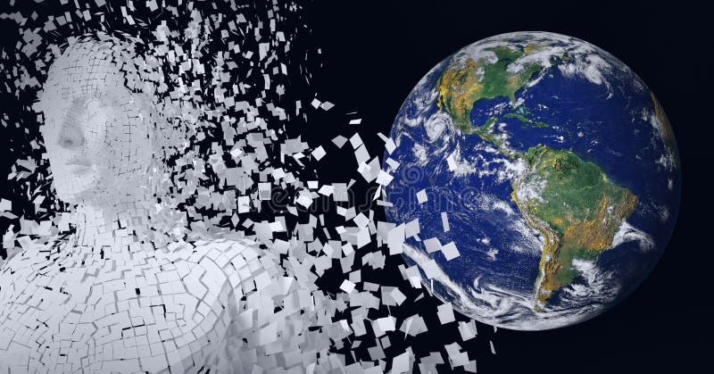 Composition of Exploding Human Bust with Over Globe Stock Illustration ...