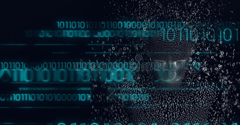 Composition Of Exploding Human Digital Bust With Binary Coding