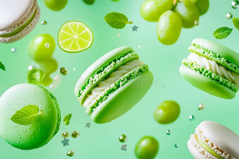 The Composition Features Green Macarons Beautifully Arranged with Mint ...