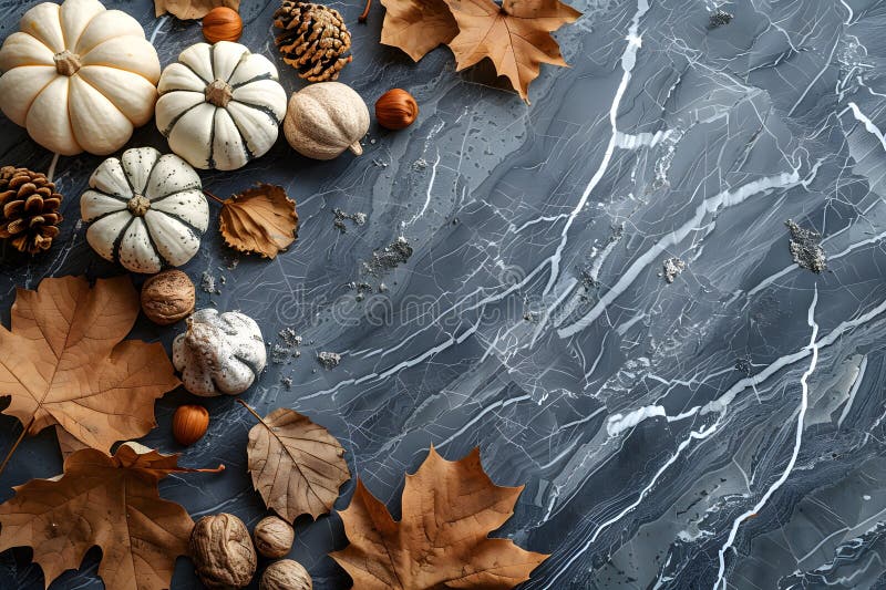 Autumn Harvest Decor with Mini Pumpkins and Nuts on Marble Background ...