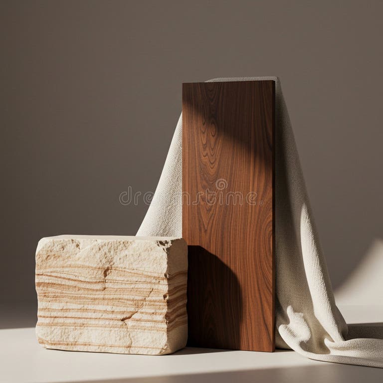 A Composition Featuring a Textured Beige Stone Block with Horizontal ...