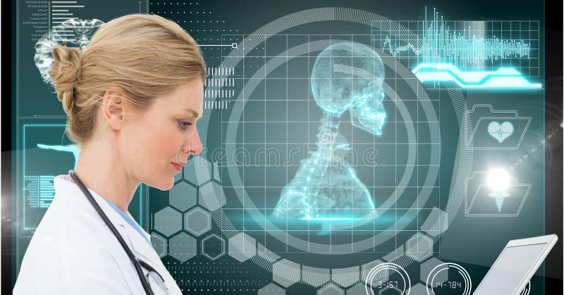 Composition of Female Doctor Over Screen with Medical Data Processing ...