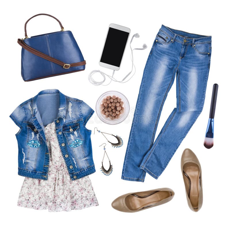Composition of Female Summer Clothes and Accessories Isolated on White ...