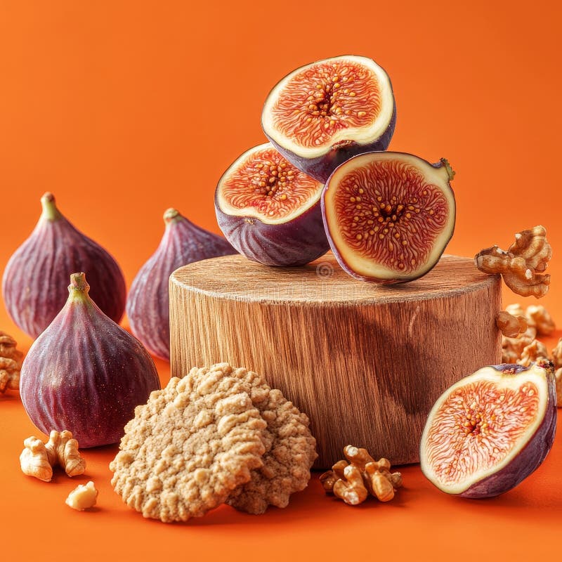 Composition with Figs, Walnuts and Cookies on Orange Background Stock ...