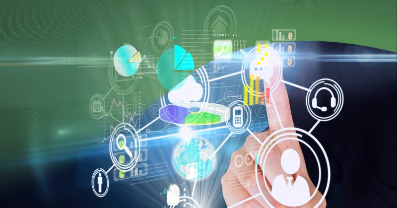 Composition of Finger Touching Interactive Screen with Network of Icons ...