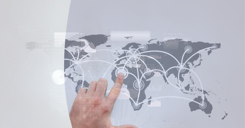 Composition of Finger Touching Interactive World Map Stock Photo ...