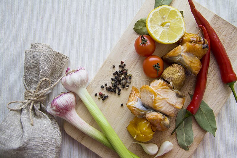 Composition of Fish and Vegetables Stock Photo - Image of barbeque ...