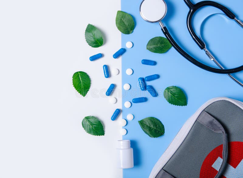 Composition Flat Lay, First Aid Kit and Stethoscope, Jar with Pills and ...