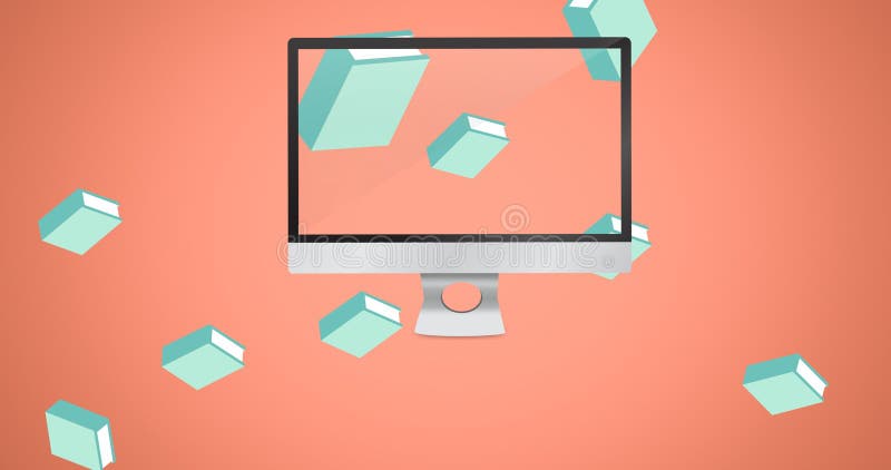 Composition of Floating Blue Books and Computer Screen on Pink Stock ...