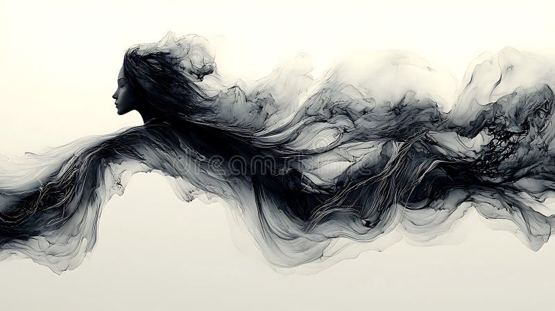 Composition of Flowing Ink Waves with Silhouette of Woman, Evoking ...