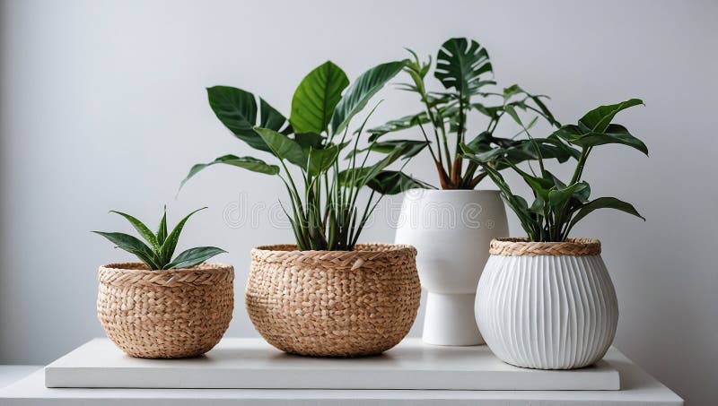 A Composition of Four Plants in Wicker and Ceramic Pots Against a White ...