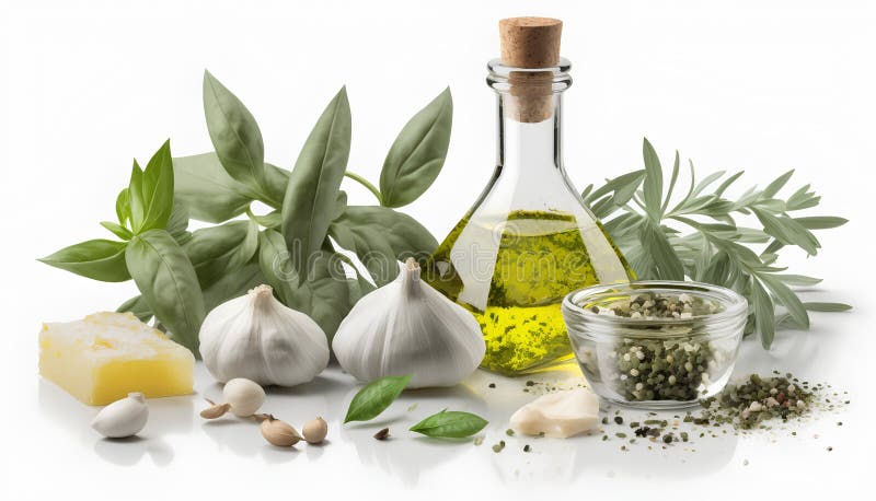 Composition with Fresh Basil, Garlic, Olive Oil and Spices on White ...