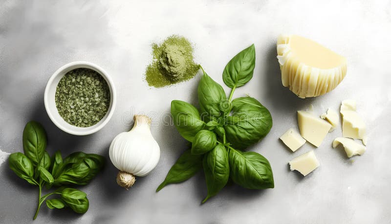 Composition with Fresh Basil Leaves, Garlic and Parmesan on Light ...