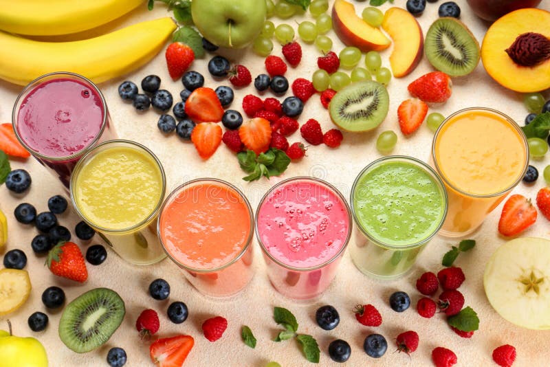 Composition with Fresh Colorful Fruit Smoothies and Ingredients on ...