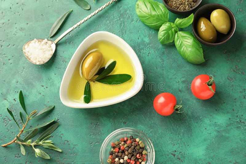 Composition with Fresh Olive Oil on Table Stock Photo - Image of ...