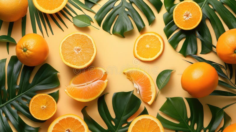 Composition with Fresh Orange Fruits and Tropical Palm Leaves Stock ...