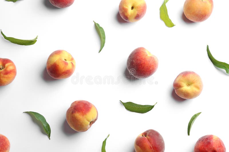 Composition with Fresh Peaches on White, Top View Stock Image - Image ...
