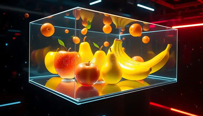 A Composition of Fruits are Displayed in a Glass Cube Stock ...