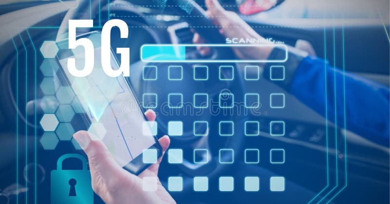 Composition of 5g Text Over Digital Icons and Businesswoman Using ...